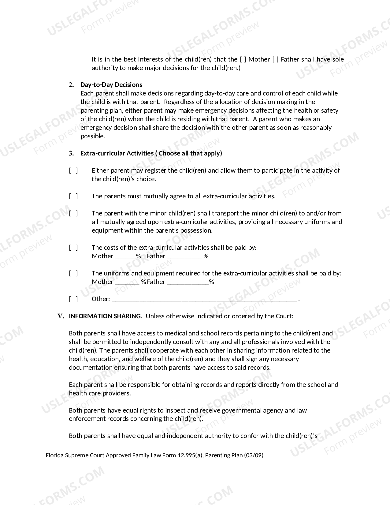 Florida Parenting Plan and Instructions | US Legal Forms