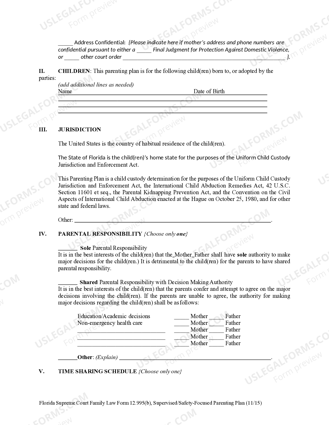 Florida Supervised/Safety-Focused Parenting Plan and Instructions | US Legal Forms