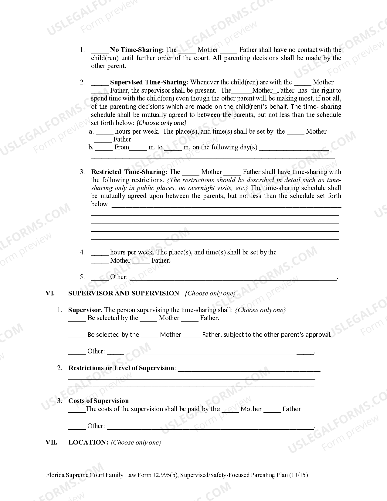 Florida Supervised/Safety - Parenting Plan Florida | US Legal Forms
