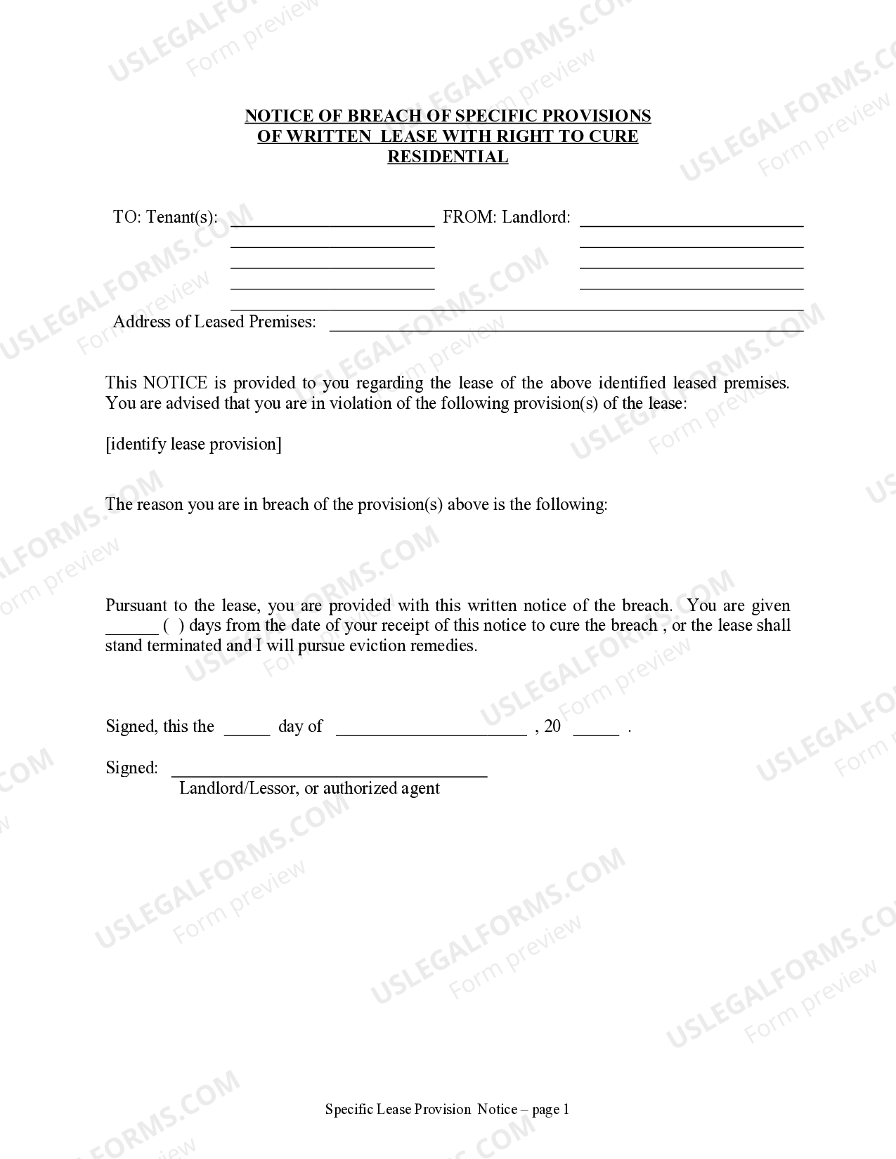 Florida Notice of Breach of Written Lease for Violating Specific ...