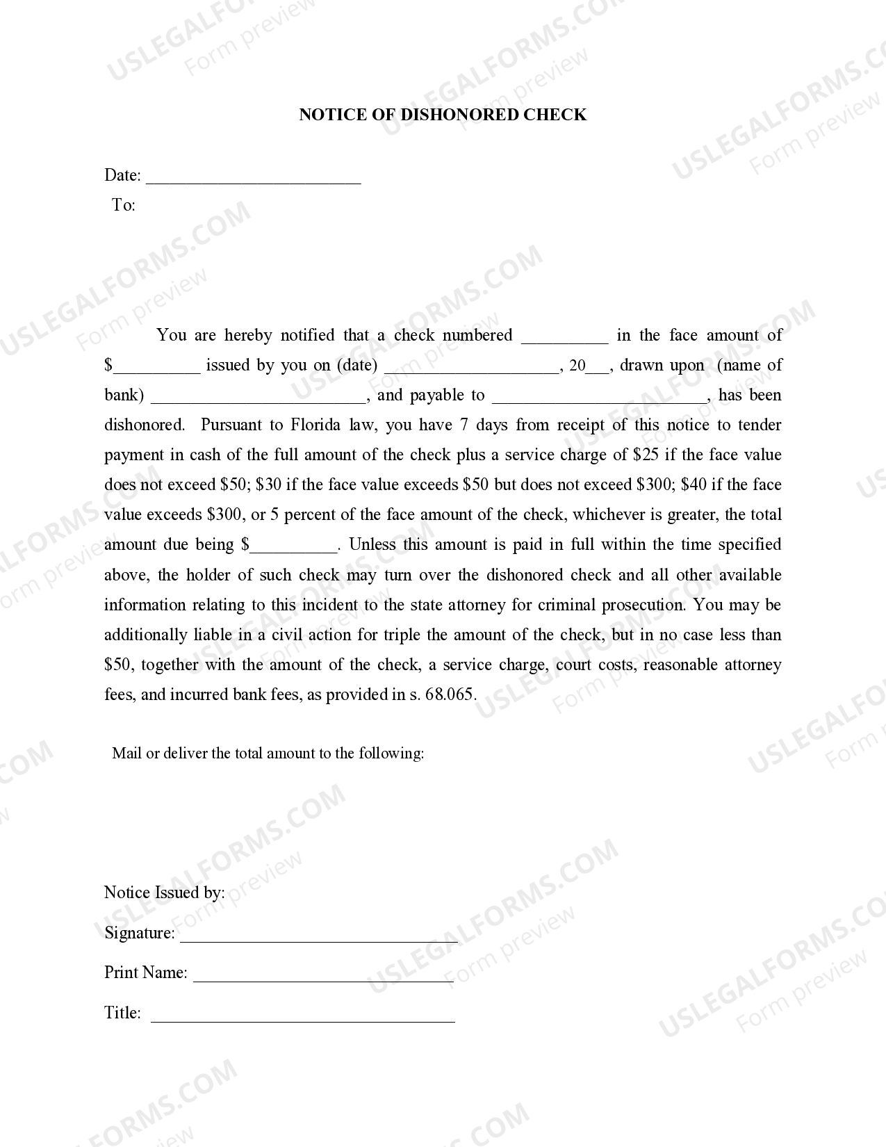 Florida Notice of Dishonored Check - Criminal - Keywords: bad check ...