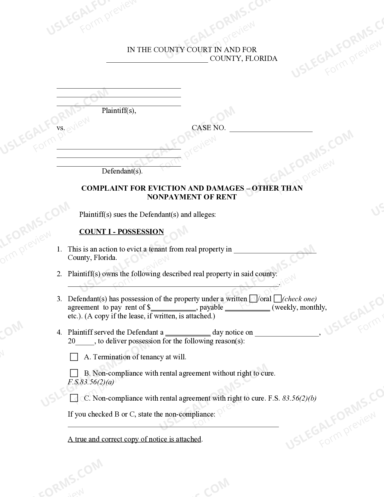 Florida Complaint for Eviction and Damages other than nonpayment of ...