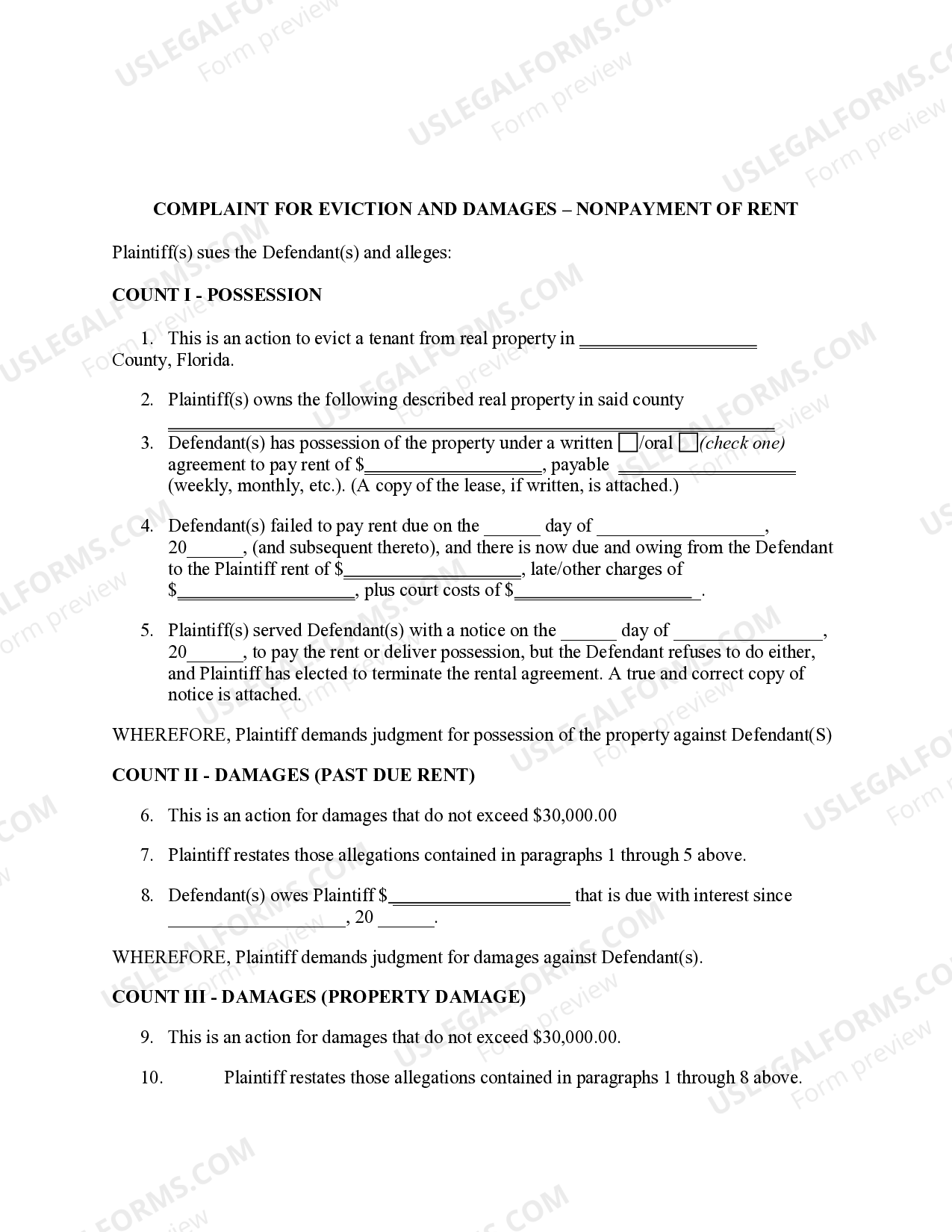 Florida Complaint for Evictions and Damages for Nonpayment of Rent | US ...