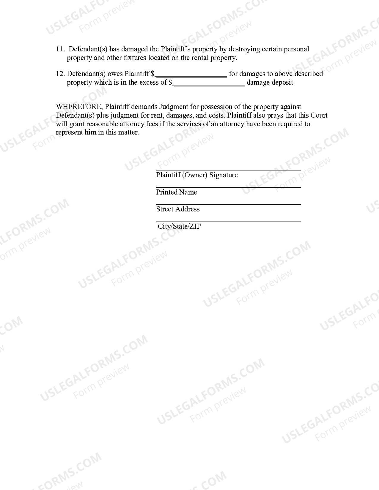 Florida Complaint for Evictions and Damages for Nonpayment of Rent | US ...