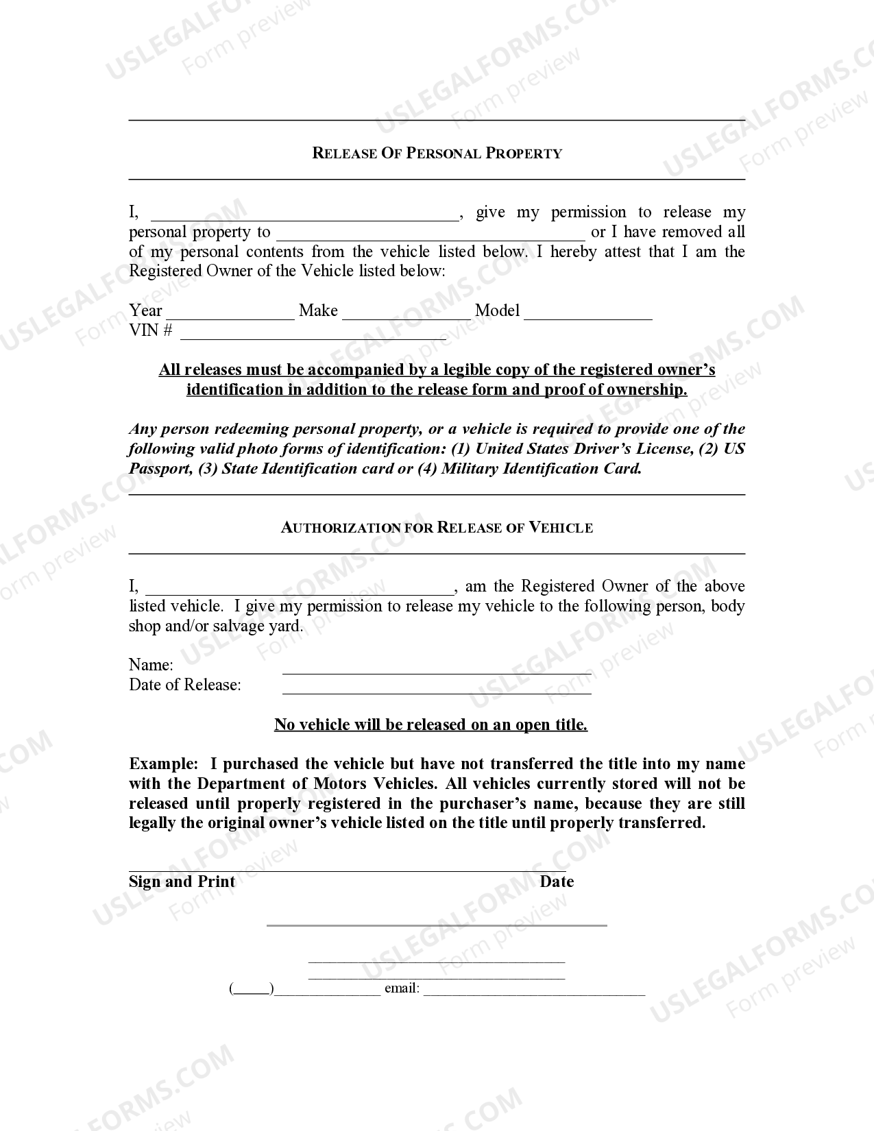 Florida Release and Authorization for Release of Personal Property and ...
