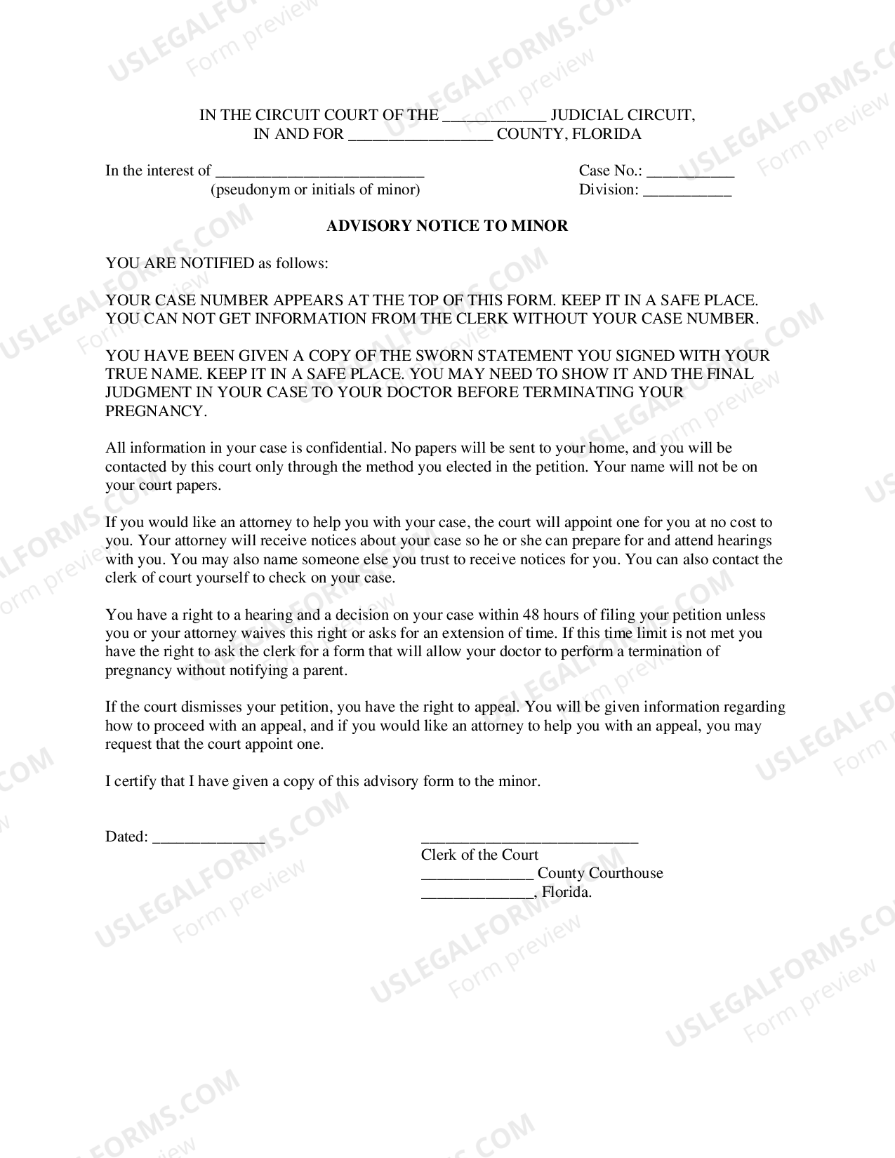Florida Advisory Notice to Minor | US Legal Forms