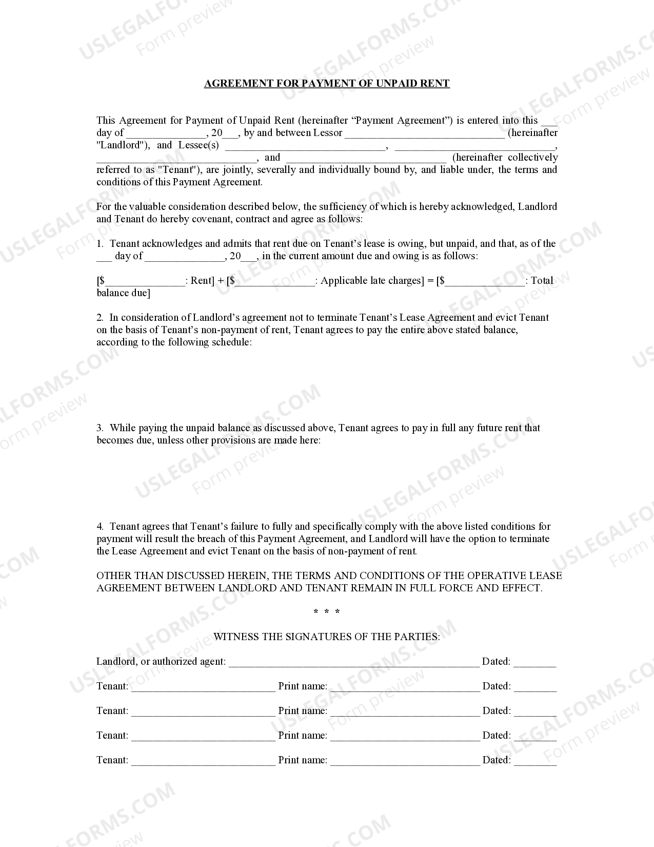 Florida Agreement for Payment of Unpaid Rent - Payment Unpaid | US ...