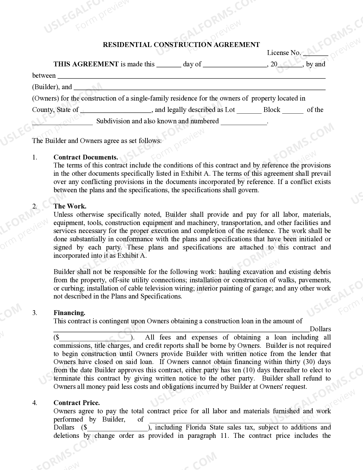 Florida Residential Subcontractor Agreement - Single-Family Residence | US Legal Forms