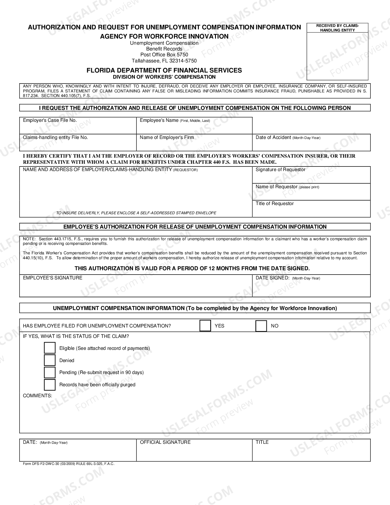 Florida Authorization and Requests for Unemployment Compensation ...