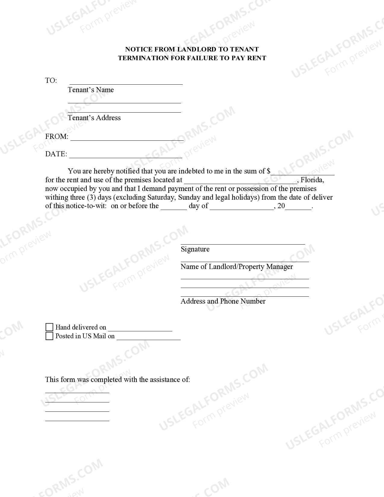 Florida Notice from Landlord to Tenant for Termination for Failure to ...