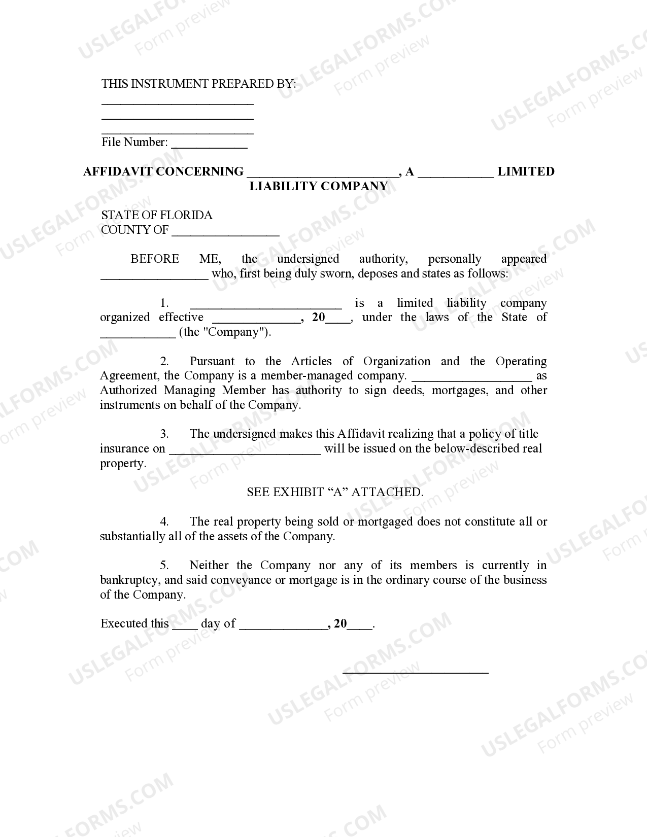Florida Affidavit Concerning Limited Liability Company - Llc Affidavit ...
