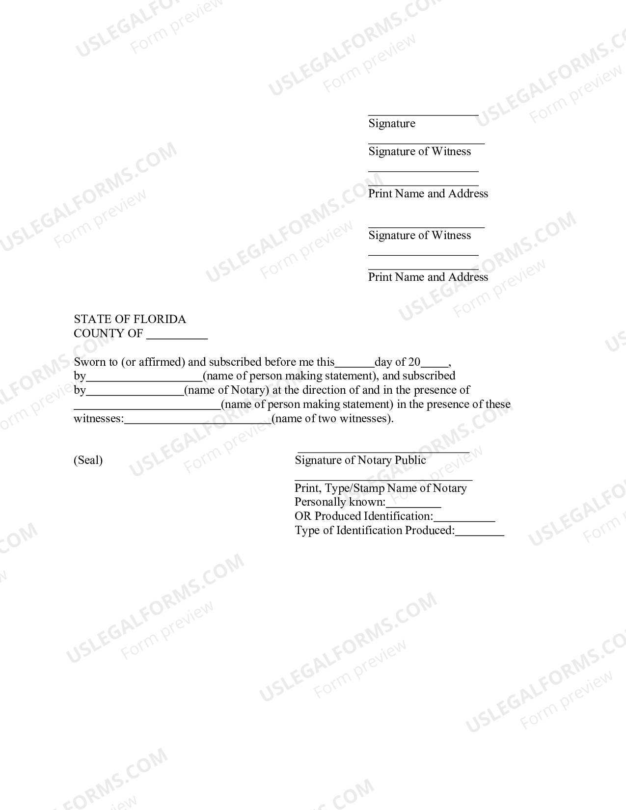 Florida Acknowledgment for Oath or Affirmation for Individual Signing ...