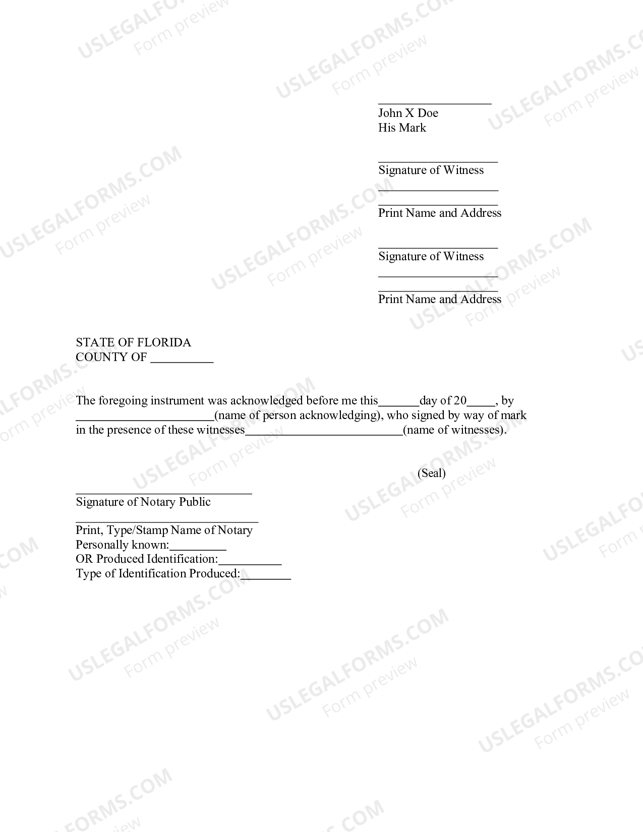 Florida Acknowledgment by Individual Signing by Mark | US Legal Forms