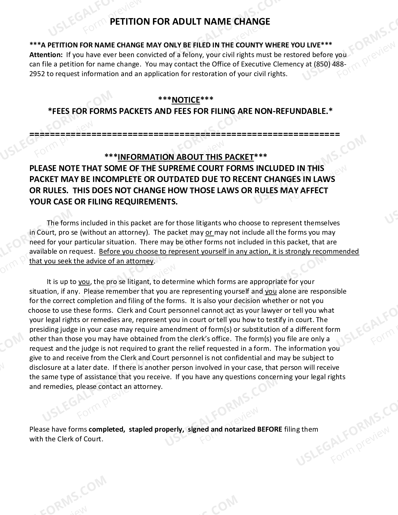 Florida Name Change Instructions and Forms for an Adult in Walton ...