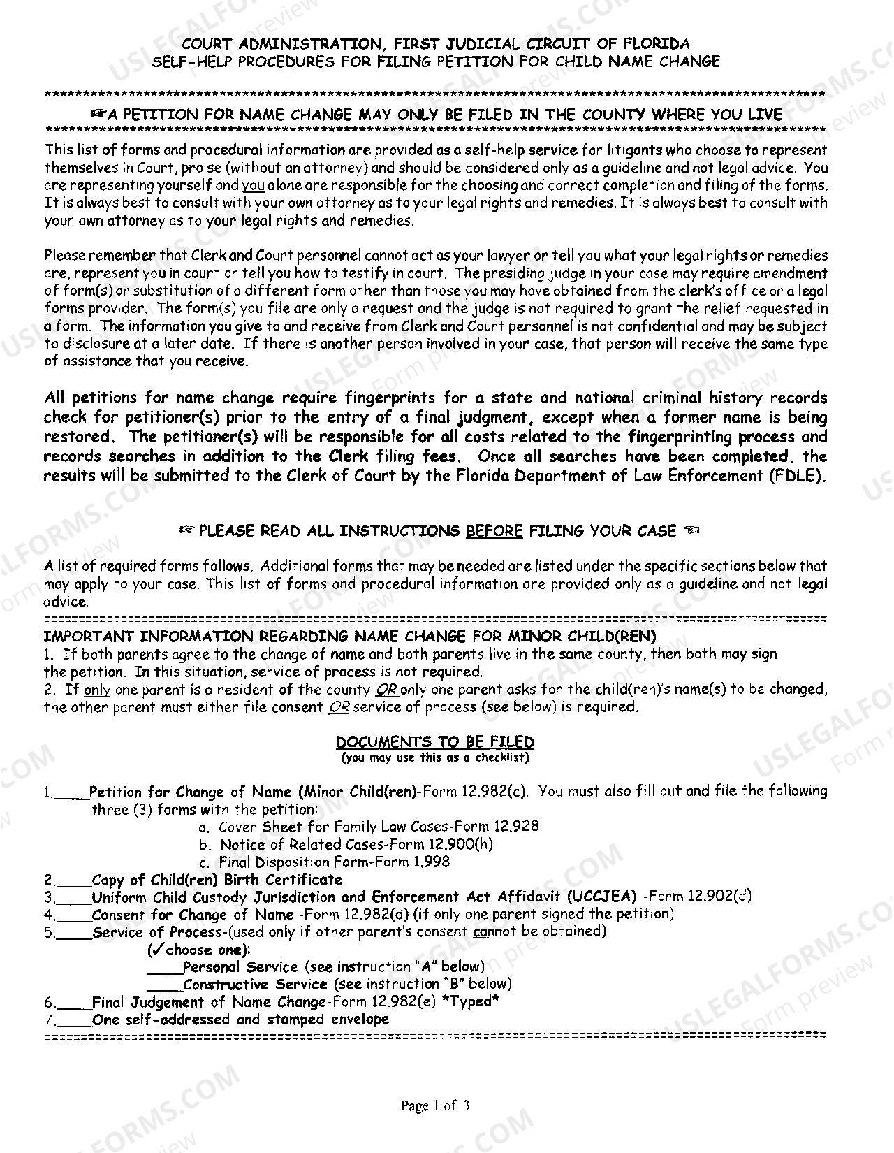 Florida Name Change Instructions and Forms for a Minor Child in Walton ...