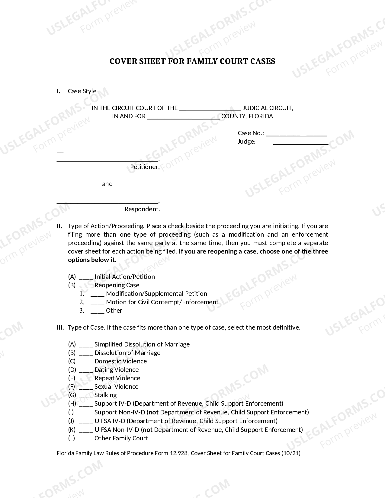 Florida General Civil Case Cover Sheet for Adult, Family Name Change ...