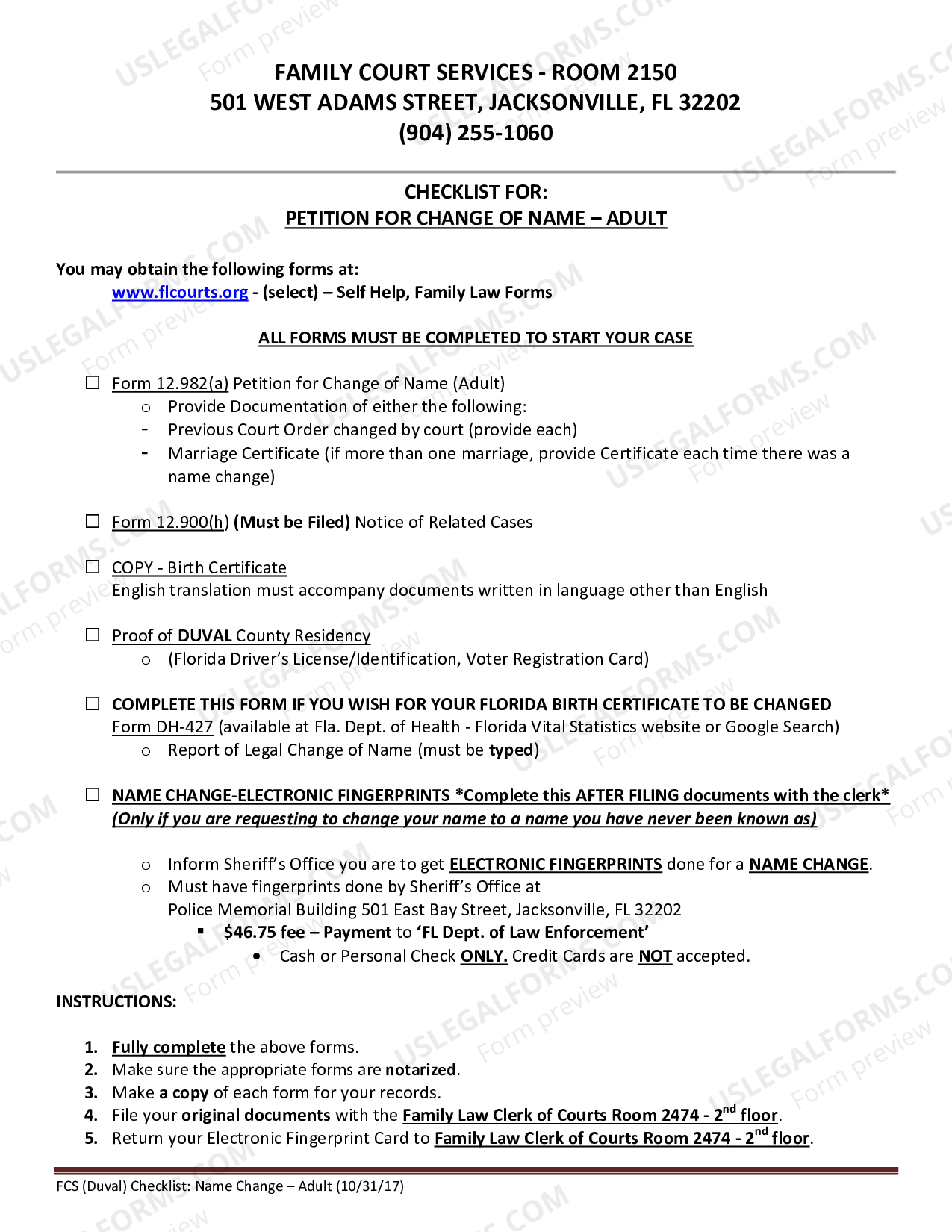 Florida Name Change Instructions and Checklist for Adult in Duval ...