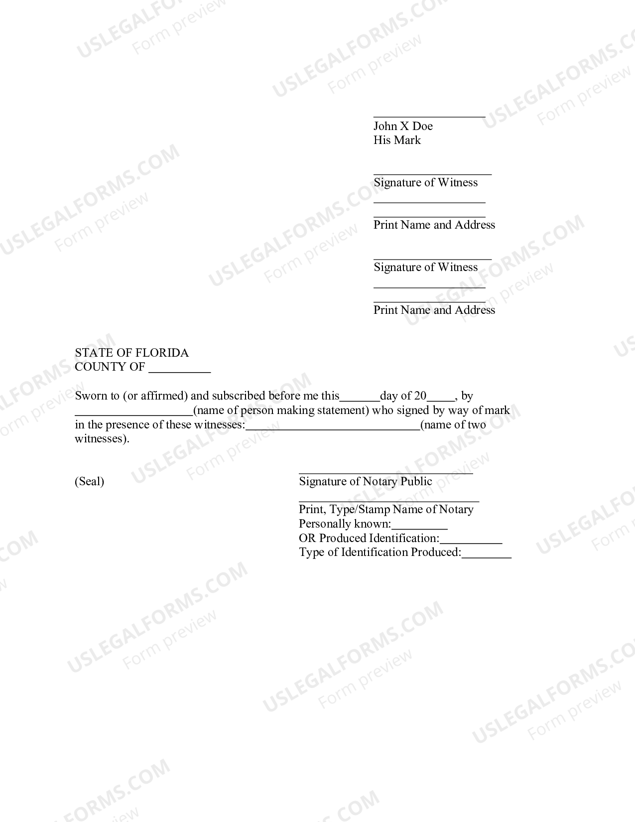 Florida Acknowledgment for Oath or Affirmation for Individual Signing ...