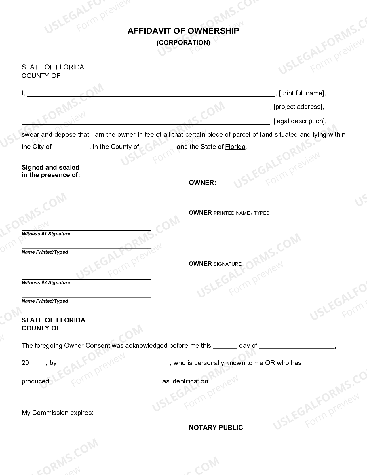 Florida Affidavit of Ownership (Corporation) | US Legal Forms