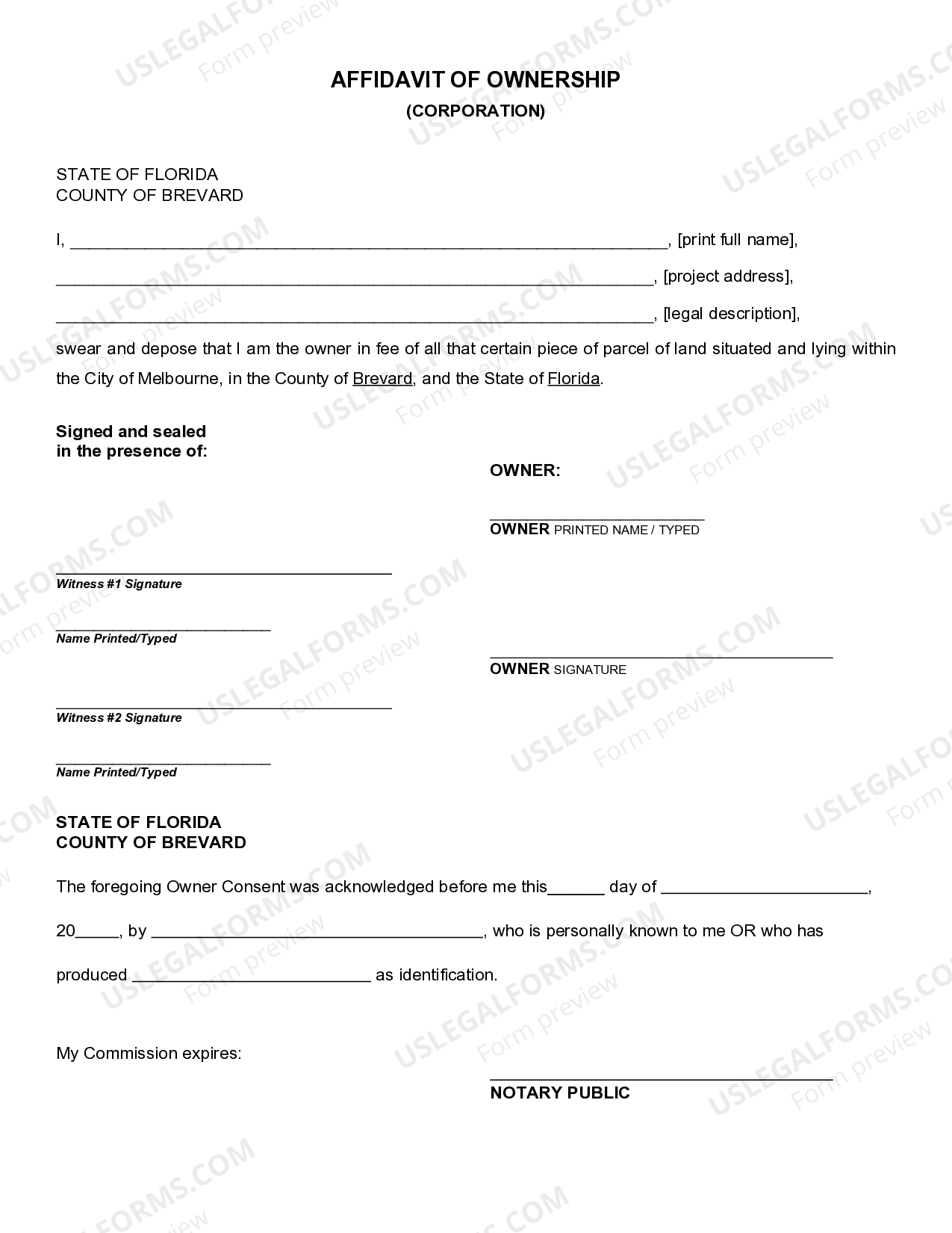 Florida Affidavit of Ownership (Corporation) | US Legal Forms