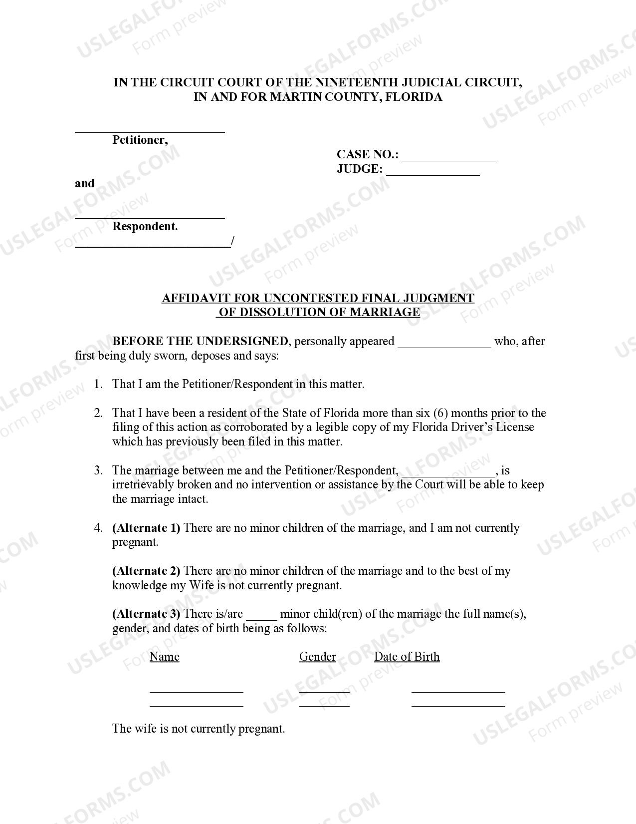 Florida Affidavit for Uncontested Final Judgment of Dissolution of ...