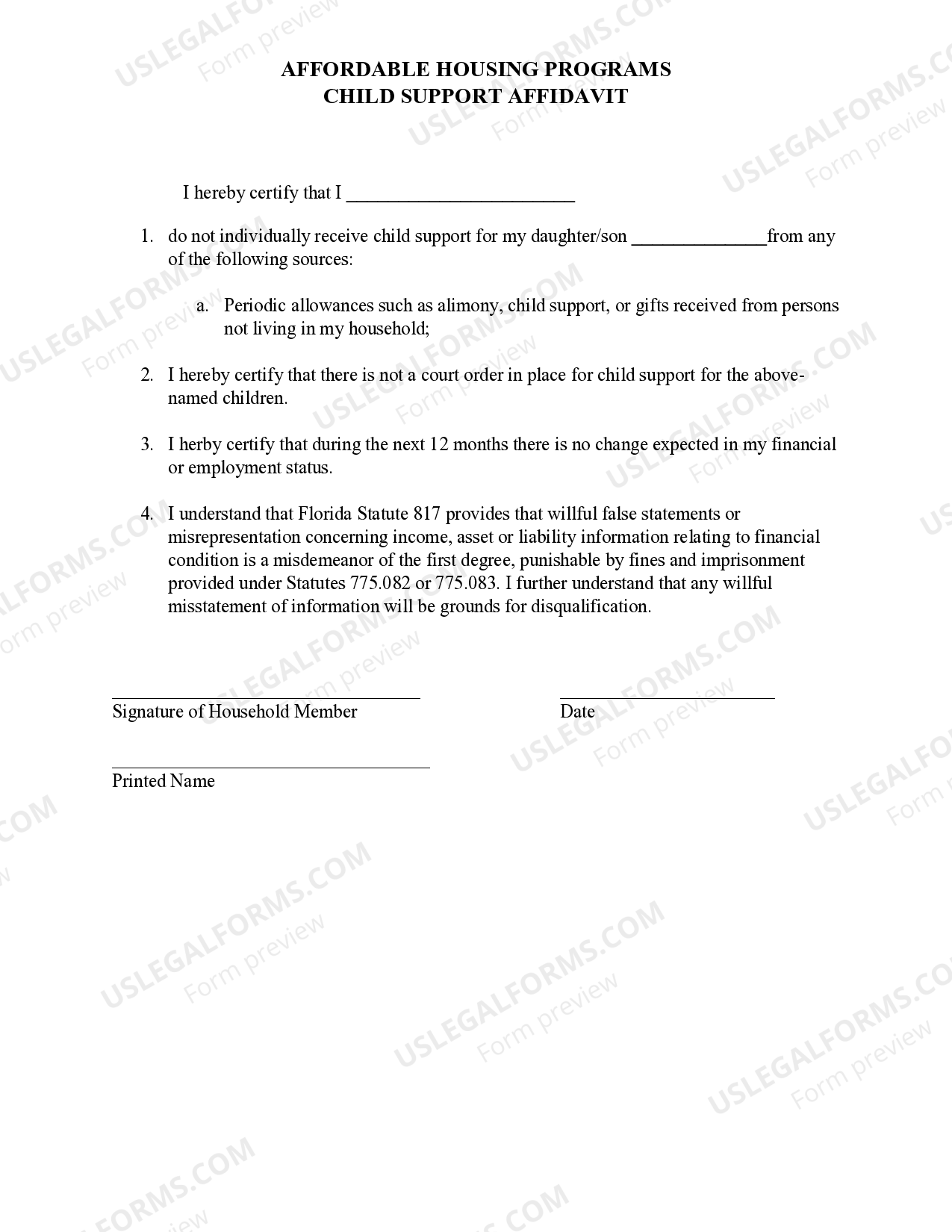 Florida Affordable Housing Programs Child Support Affidavit | US Legal ...