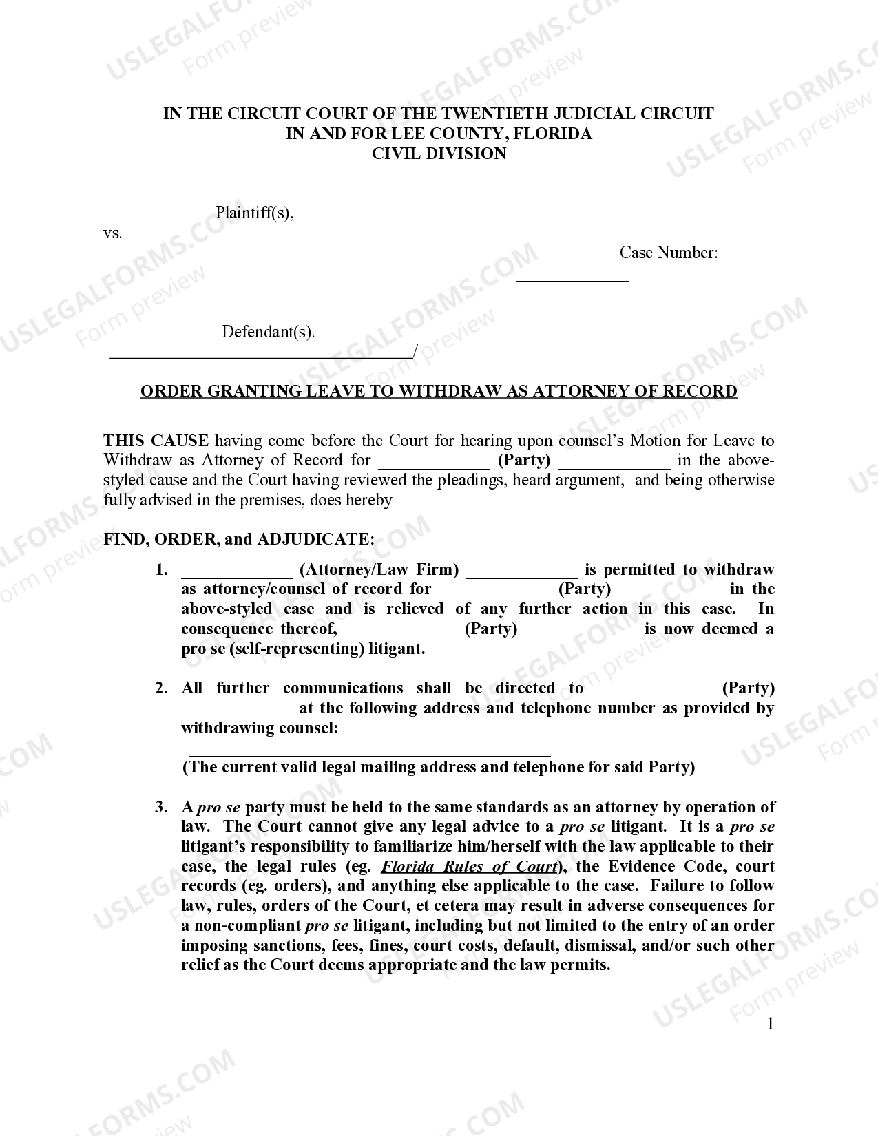 Florida Order Granting Leave to Withdraw as Attorney of Record | US Legal Forms