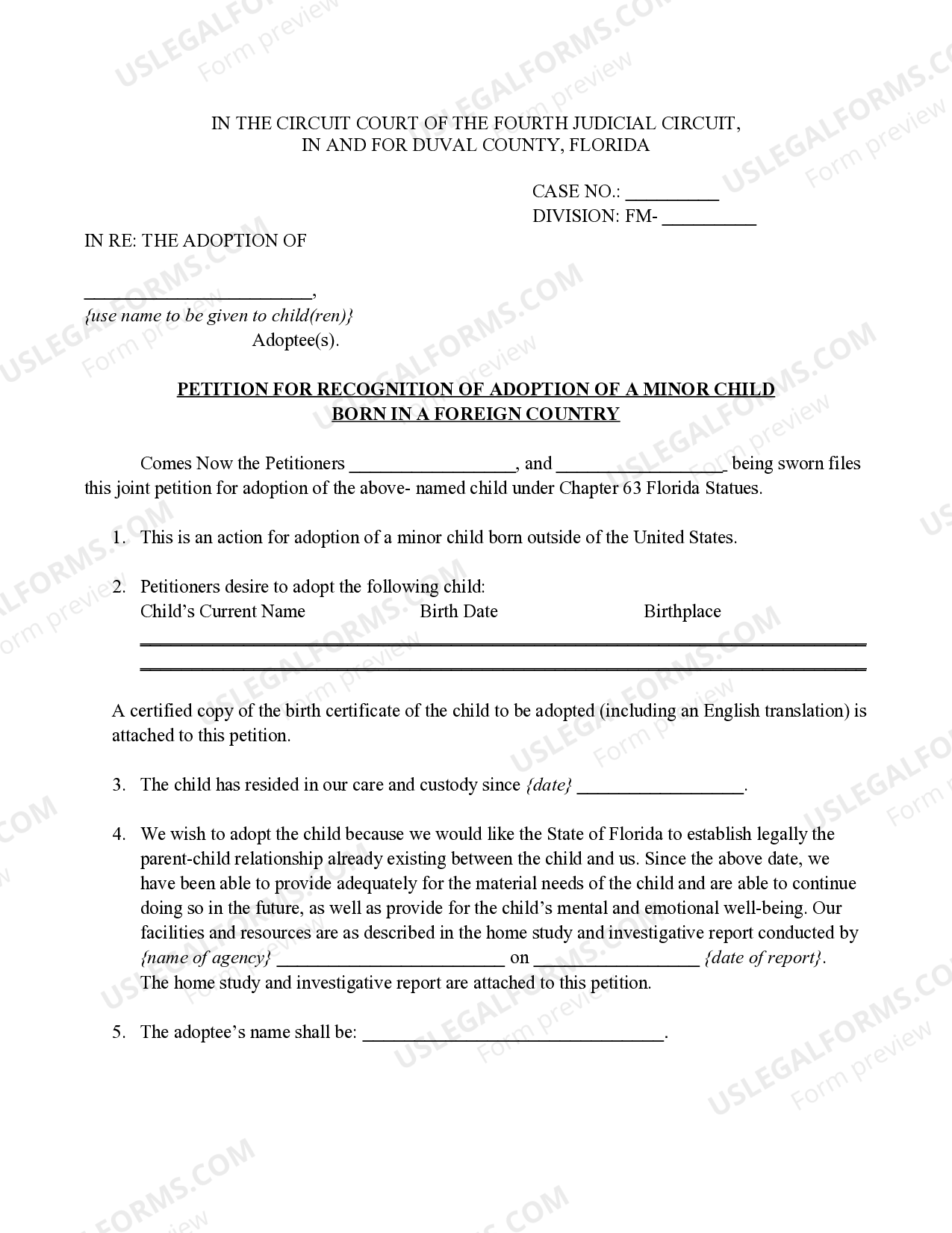 Florida Petition for Recognition of Adoption of a Minor Child Born in a ...
