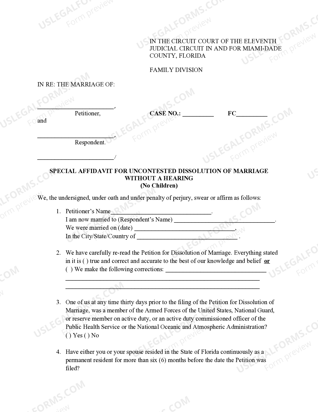 Florida Special Affidavit for Uncontested Dissolution of Marriage ...