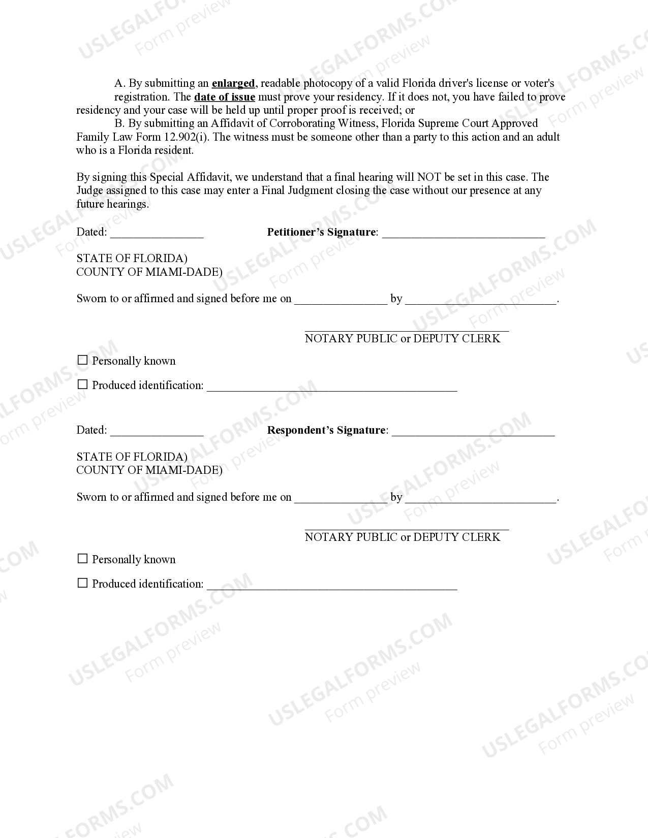 Florida Special Affidavit for Uncontested Dissolution of Marriage ...