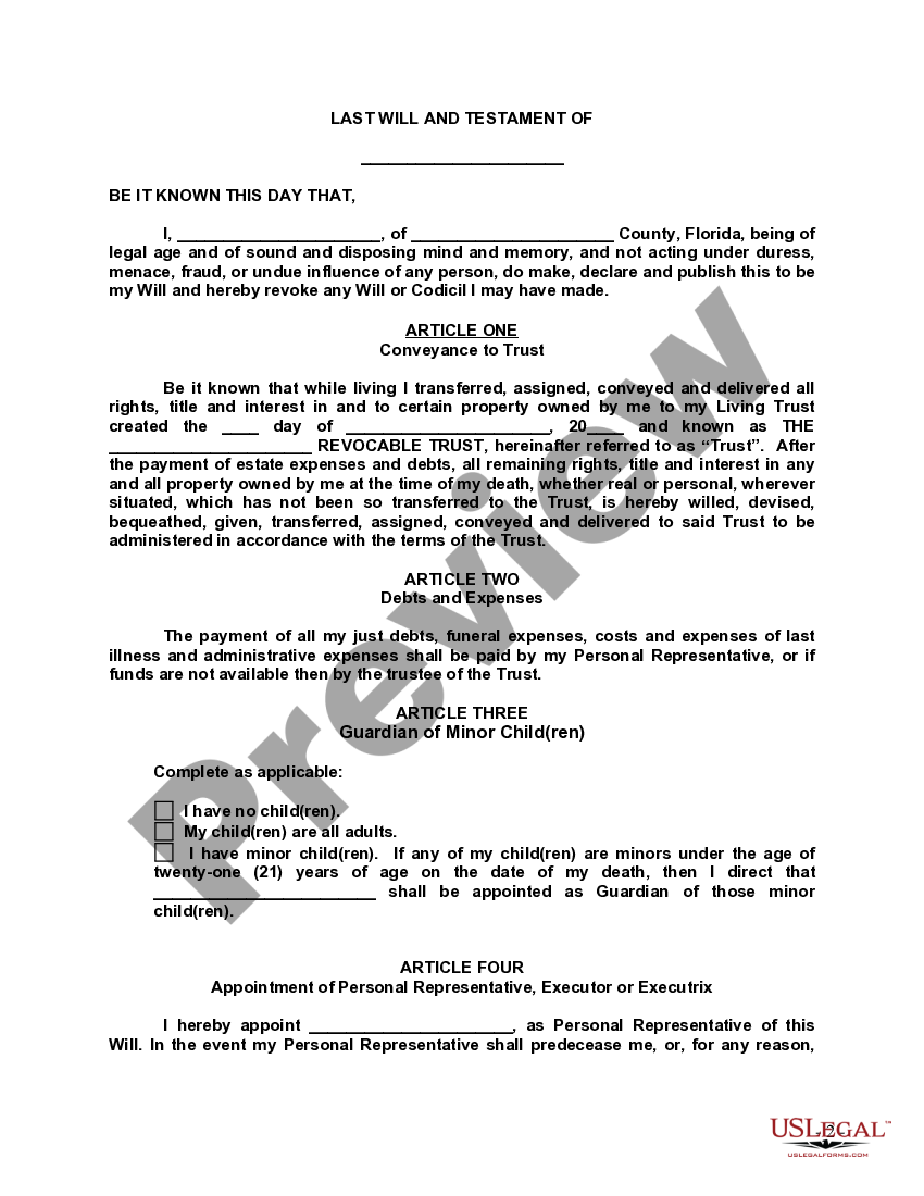 Florida Legal Last Will And Testament Form With All Property To Trust 