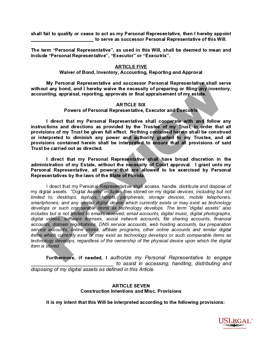 Florida Legal Last Will And Testament Form With All Property To Trust