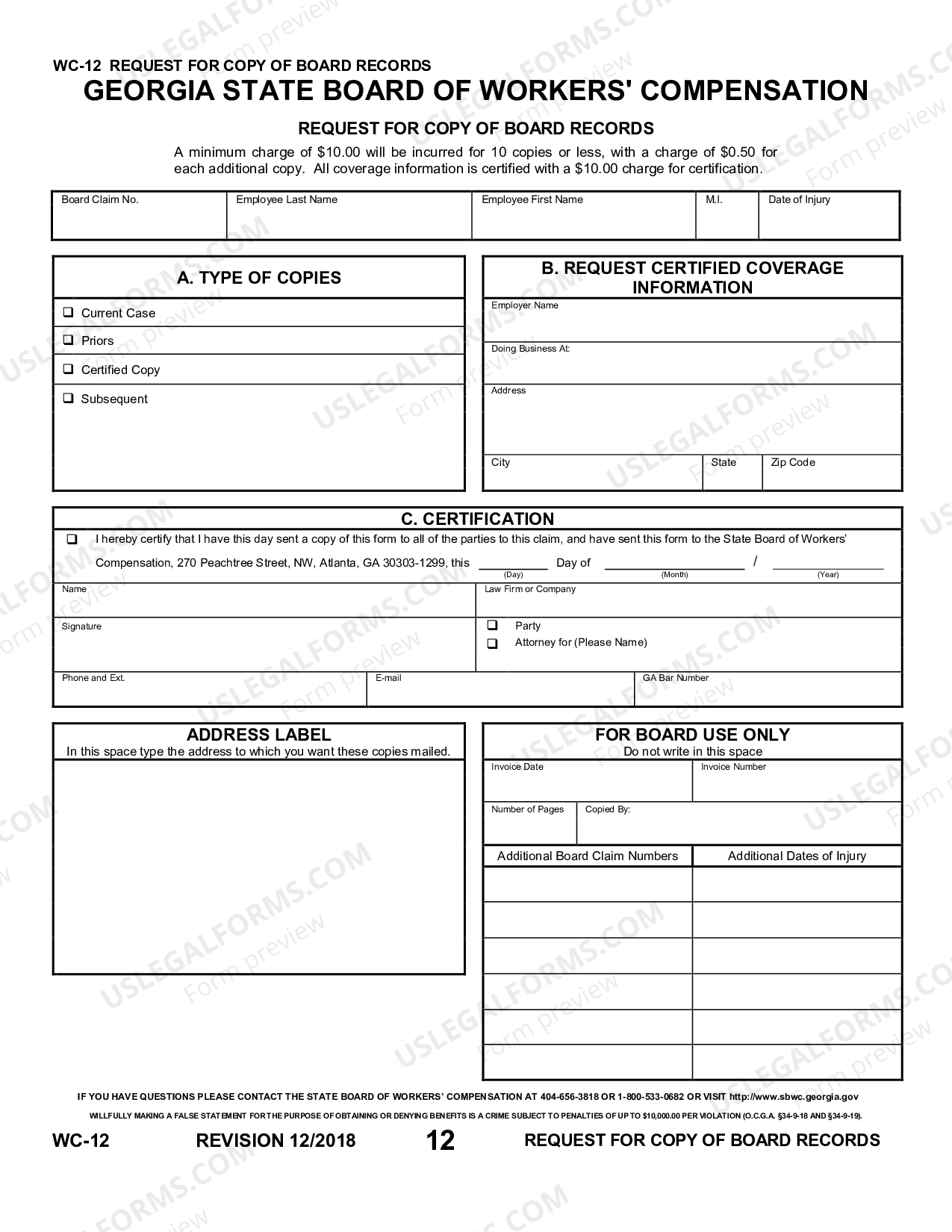 Georgia Request For Copy Of Board Records for Workers' Compensation ...