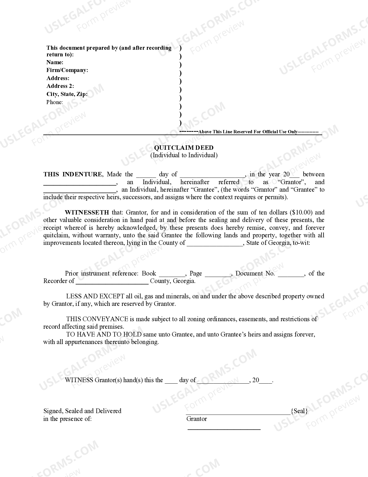 Georgia Quitclaim Deed from Individual to Individual - Quitclaim Deed ...