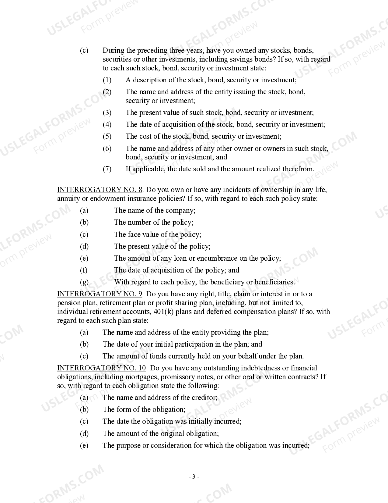 Atlanta Georgia Discovery Interrogatories for Divorce Proceeding for ...