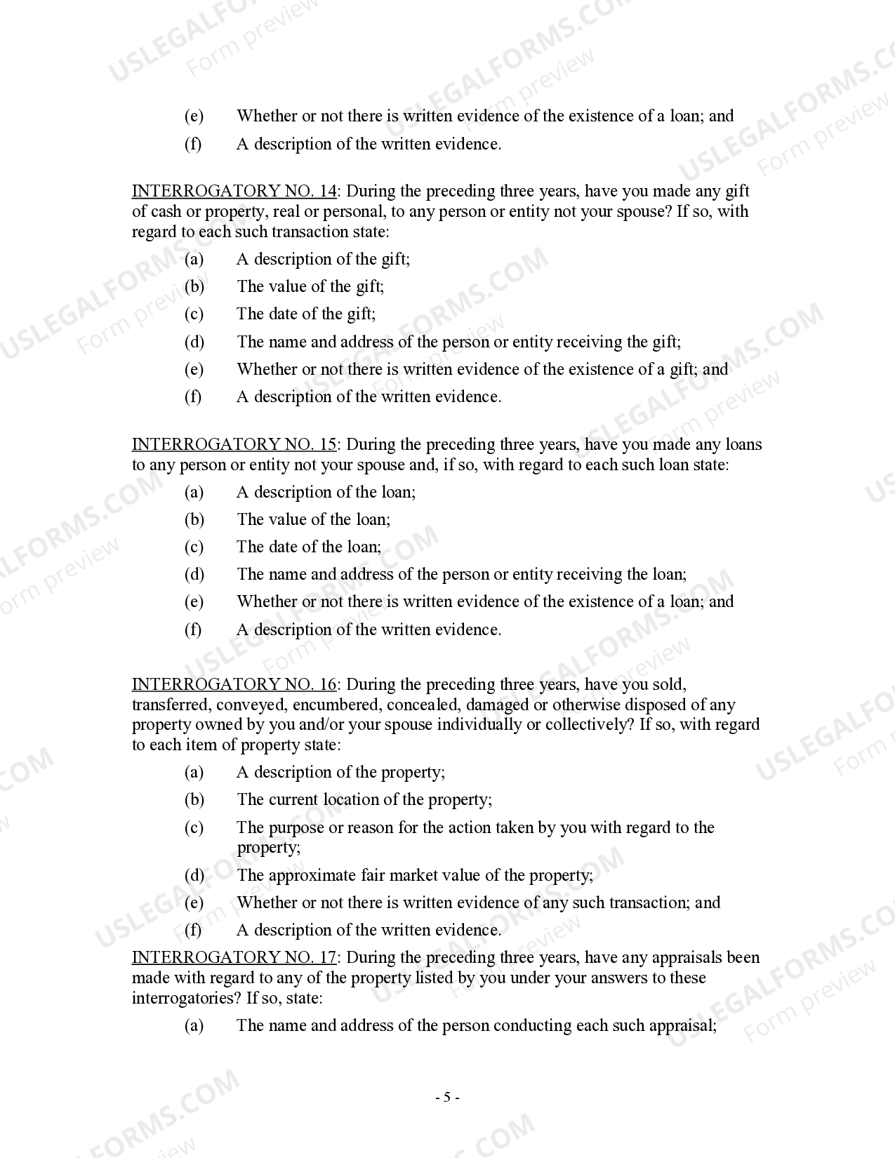 Atlanta Georgia Discovery Interrogatories for Divorce Proceeding for ...