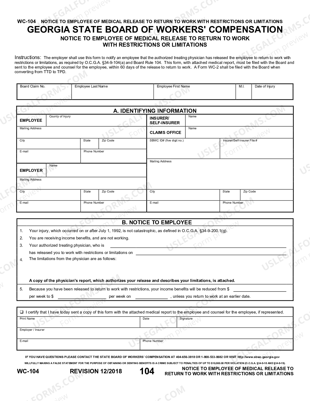 Georgia Notice To Employee Of Medical Release To Return To Work With ...