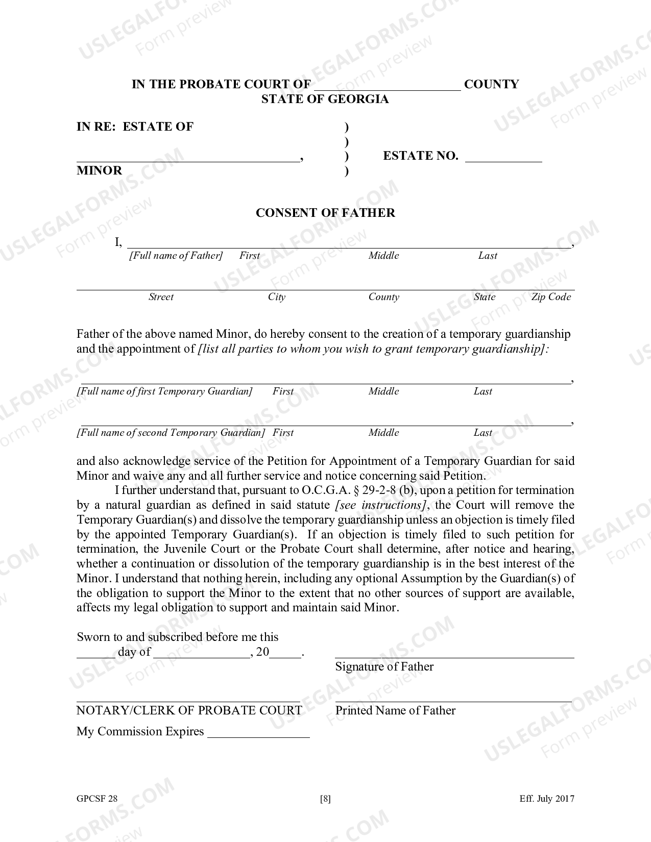 Georgia Petition for Temporary Letters of Guardianship of Minor - Temporary Guardianship Georgia ...