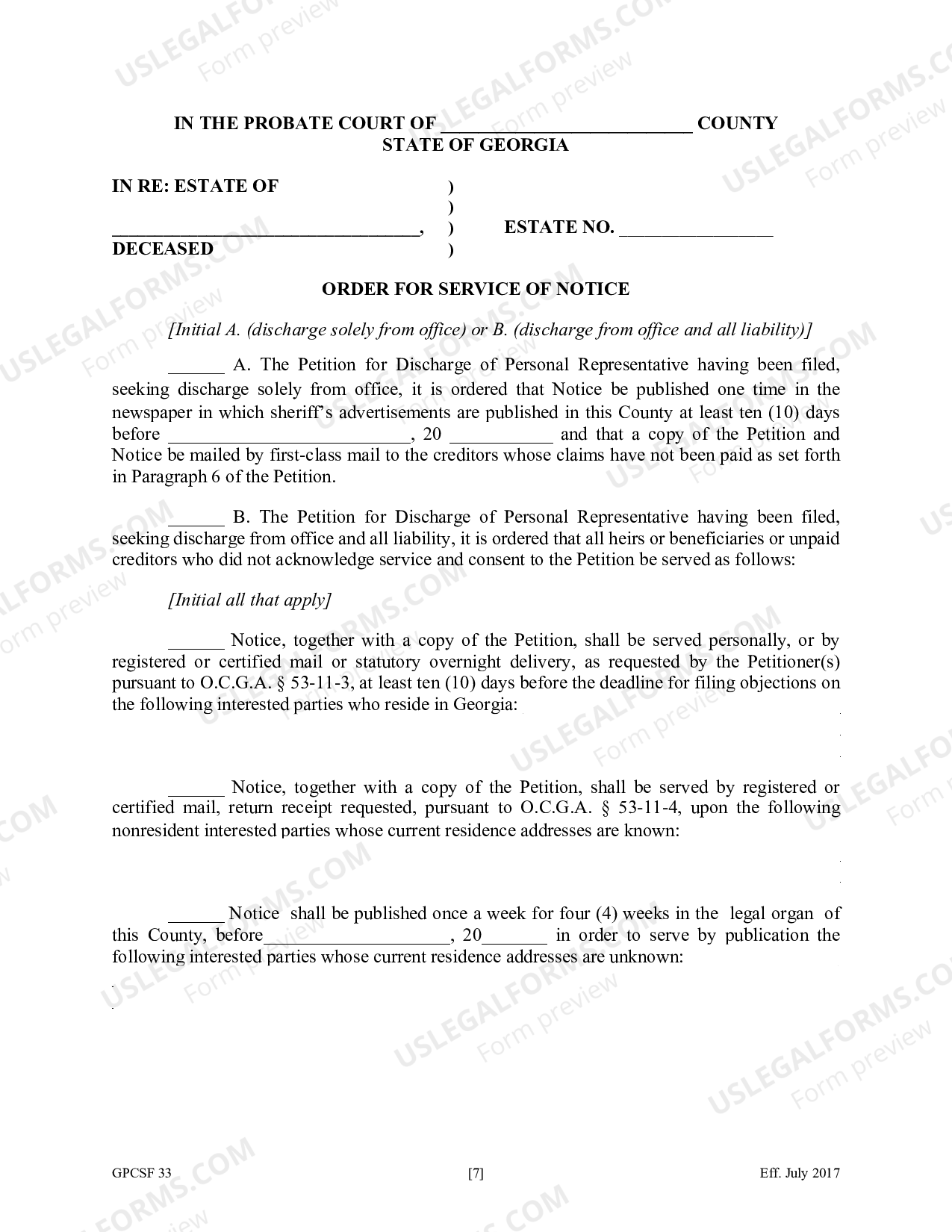 Georgia Petition for Discharge - Petition For Discharge Of Personal Representative | US Legal Forms