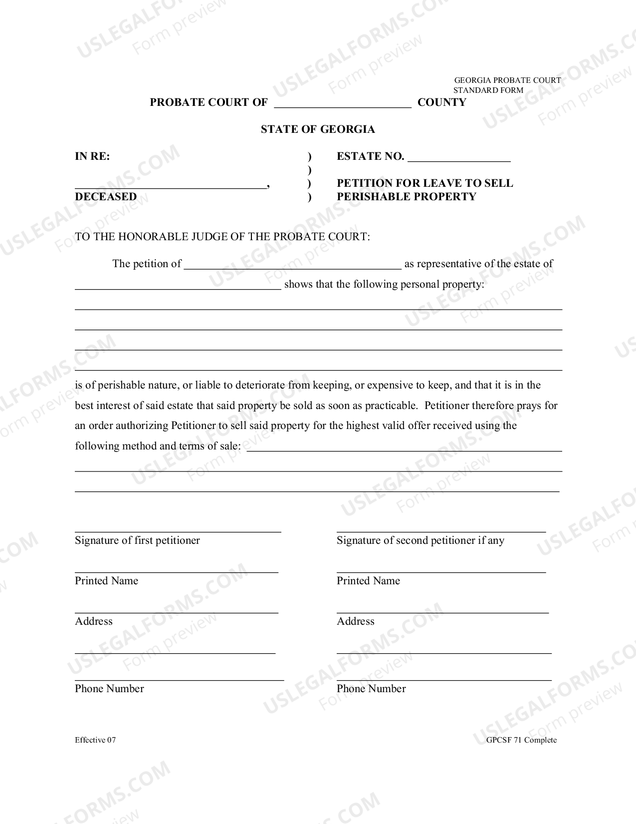 Georgia Petition for Leave to Sell Perishable Property by Personal ...