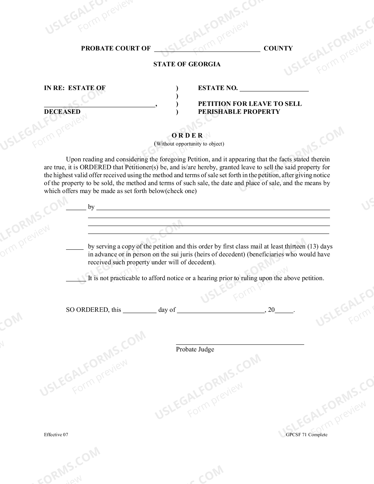 Georgia Petition for Leave to Sell Perishable Property by Personal ...