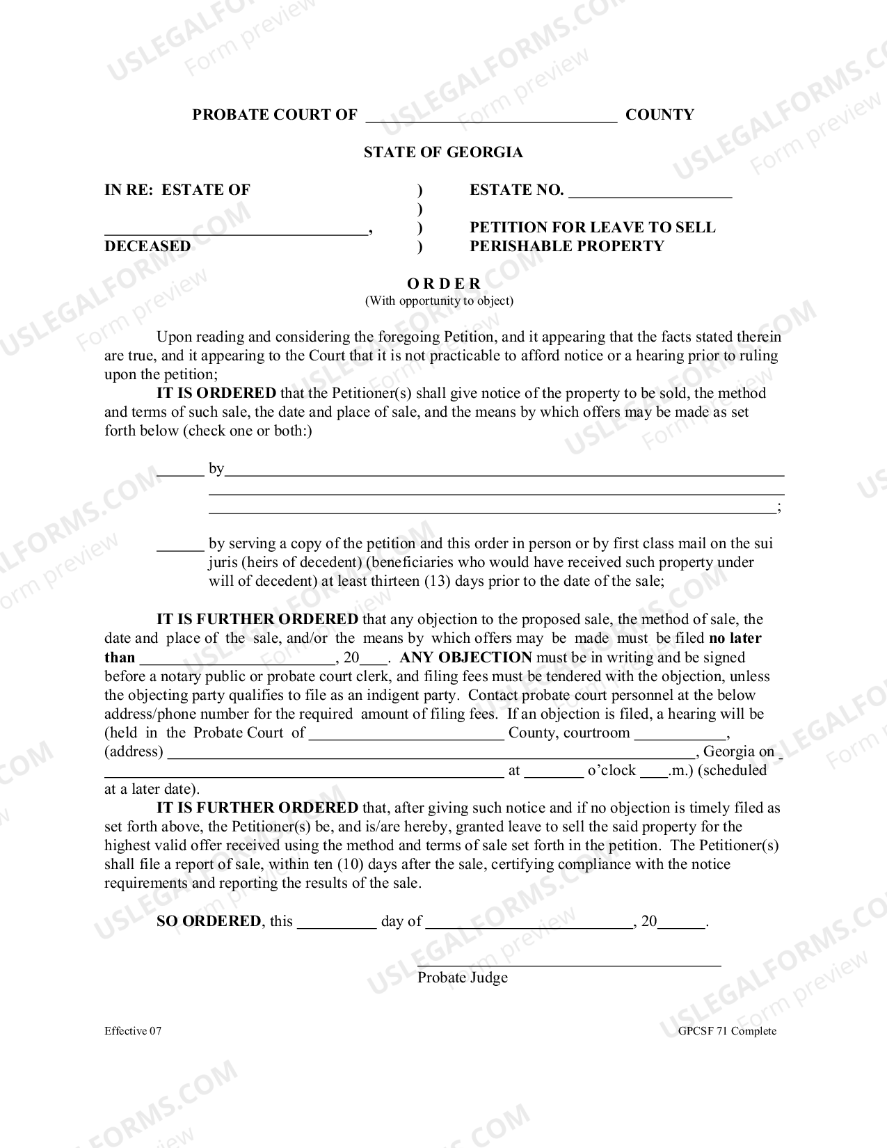 Georgia Petition for Leave to Sell Perishable Property by Personal ...