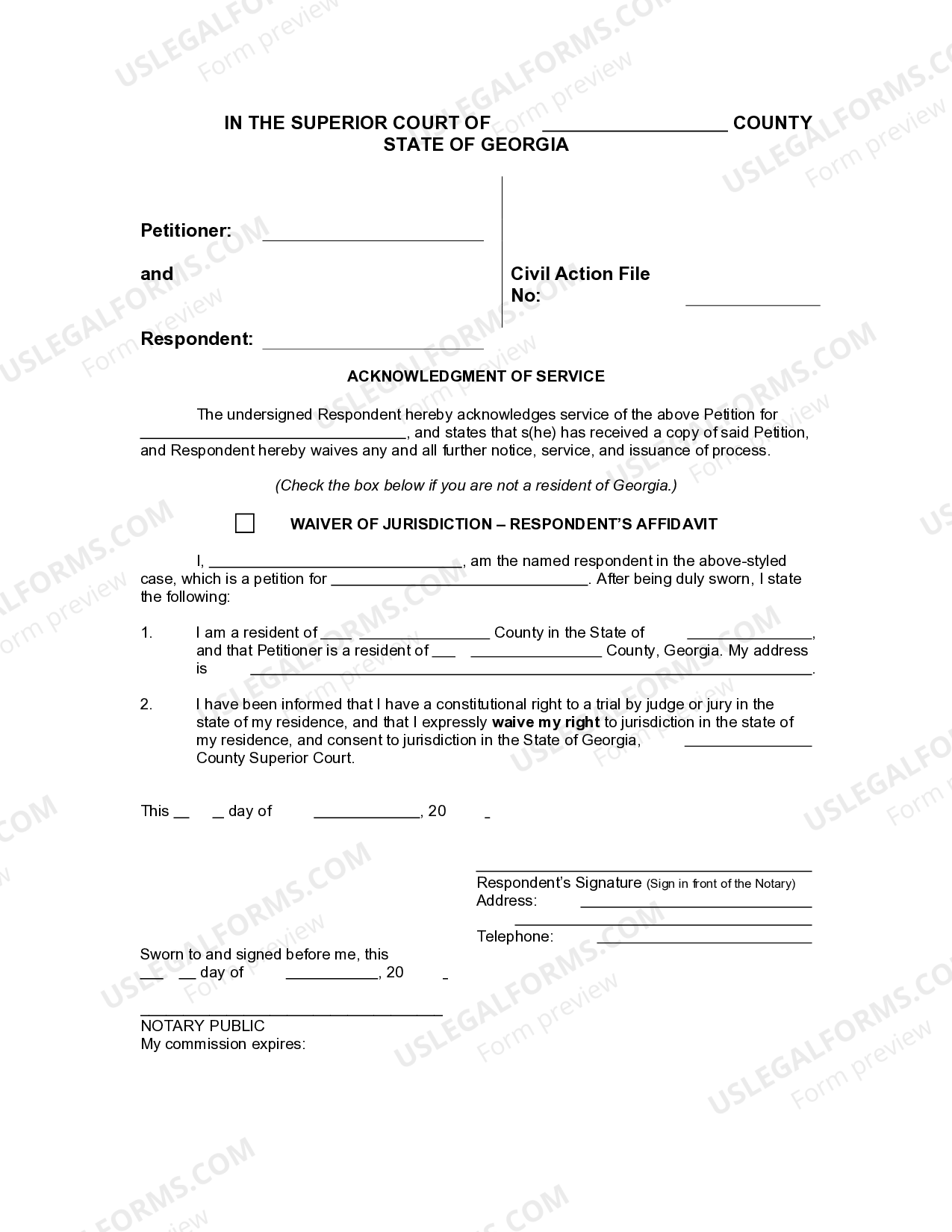 Georgia Acknowledgment of Service and Waiver of Jurisdiction | US Legal ...