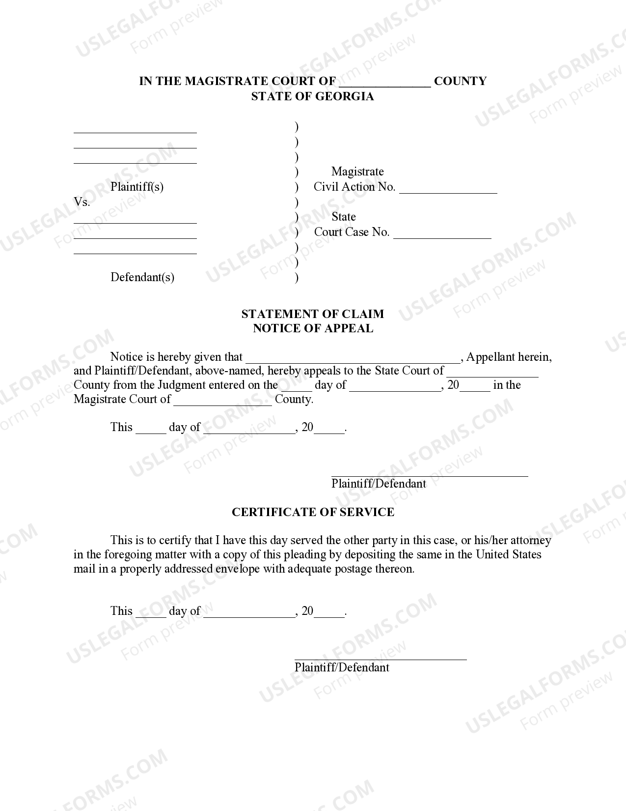 Georgia Statement of Claim and Notice of Appeal | US Legal Forms