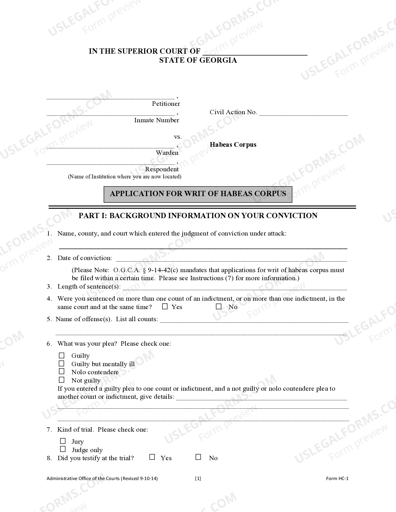Georgia Writ of Habeas Corpus Application | US Legal Forms