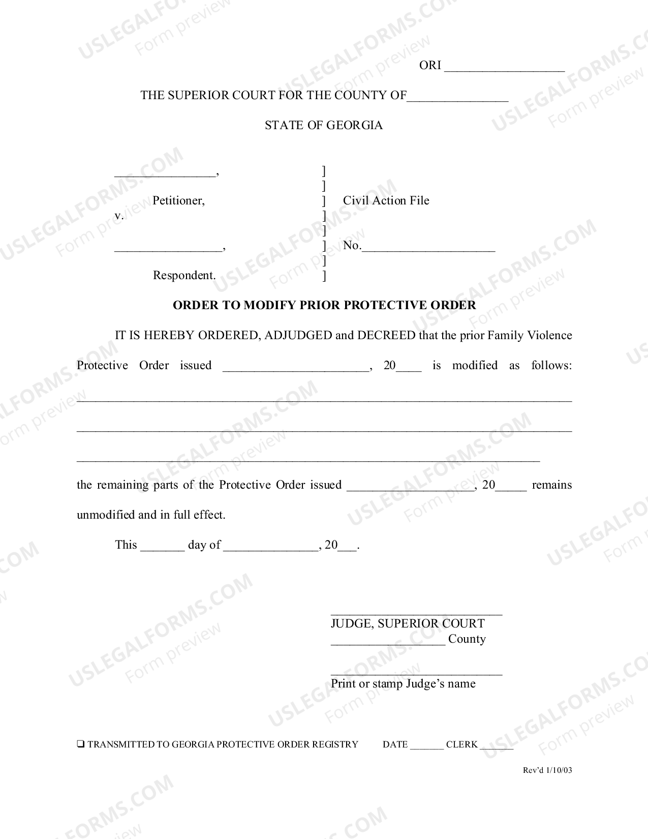 Georgia Order to Modify Prior Protective Order | US Legal Forms