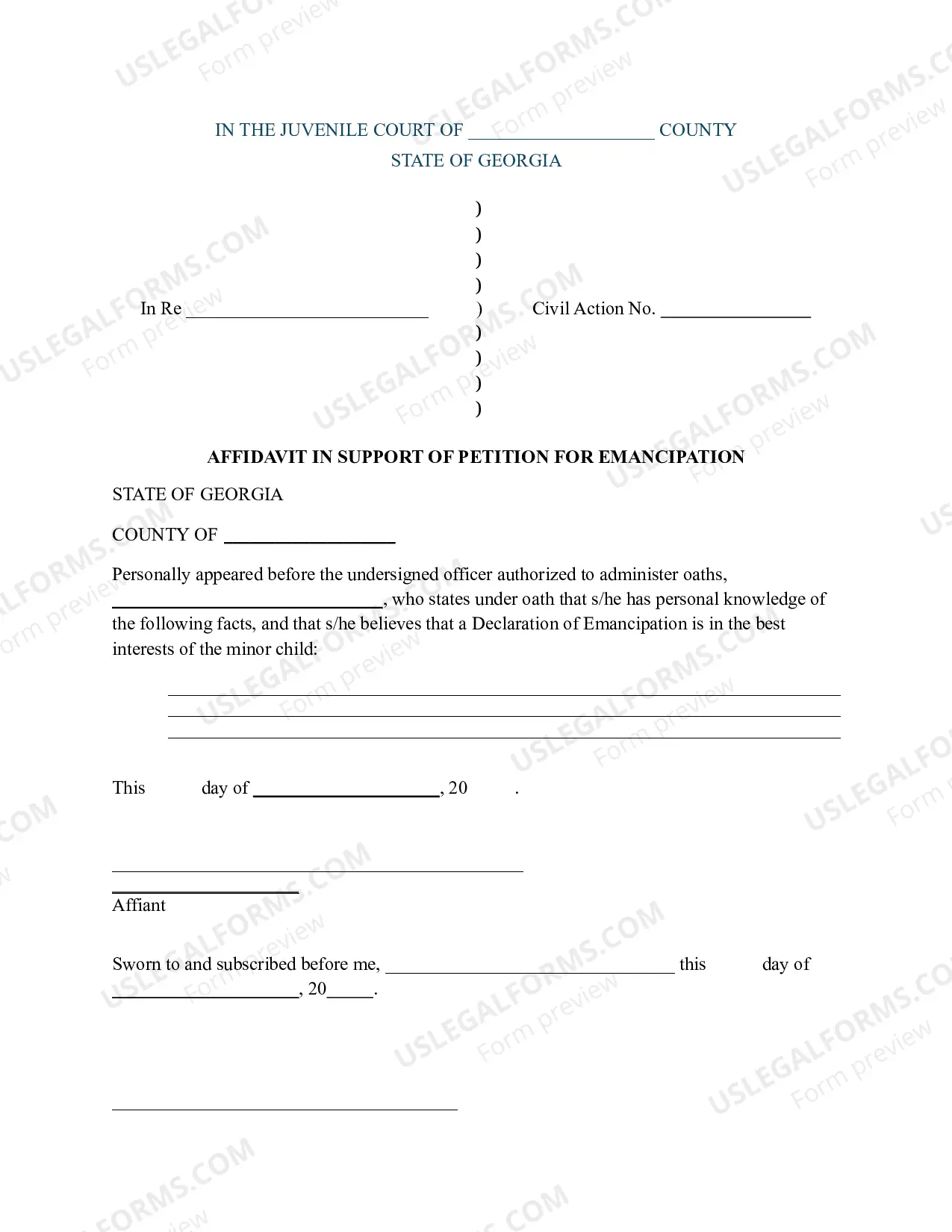 Georgia Affidavit in Support of Petition for Emancipation | US Legal Forms