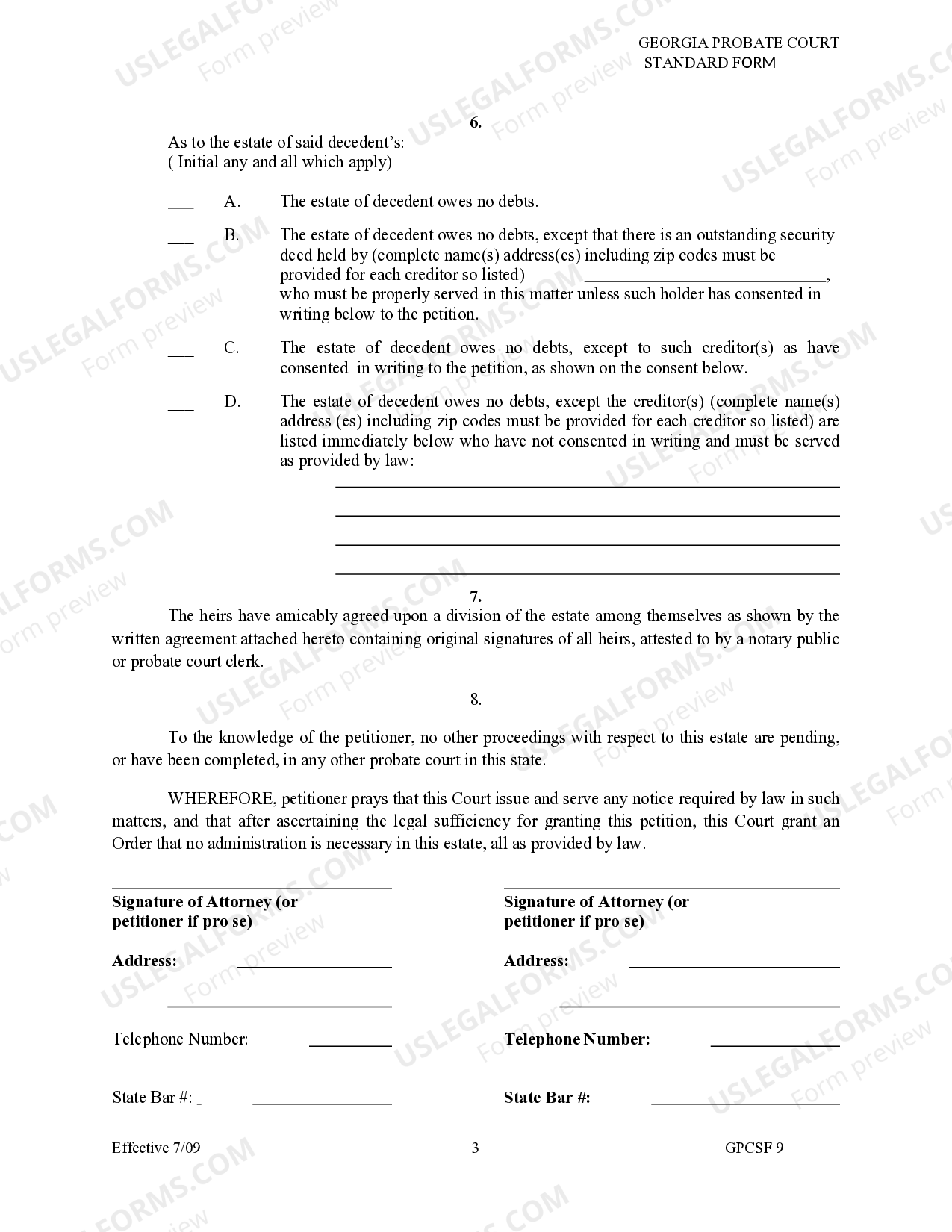 Georgia Petition for Order Declaring No Administration Necessary ...