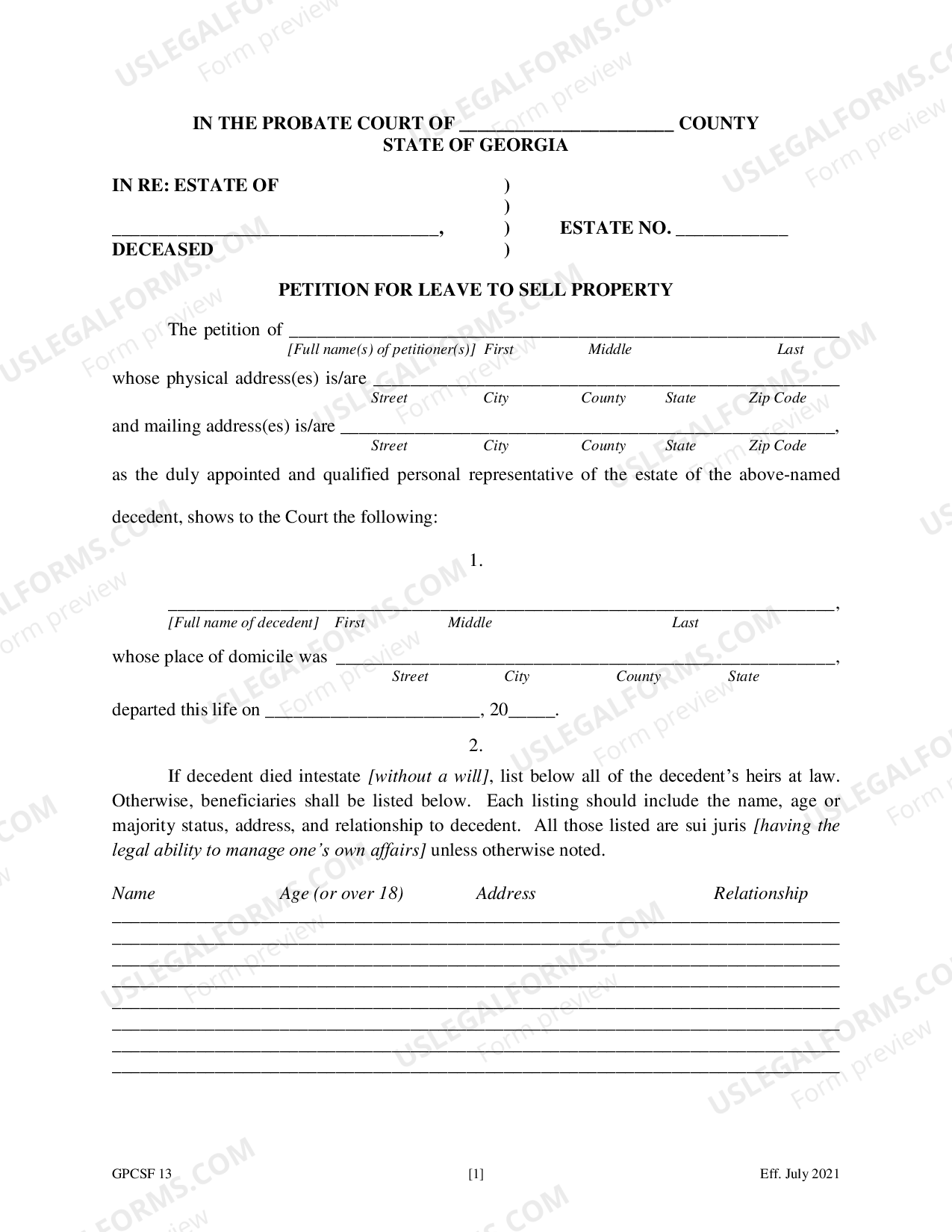 Georgia Petition of Personal Representative for Leave to Sell Property ...