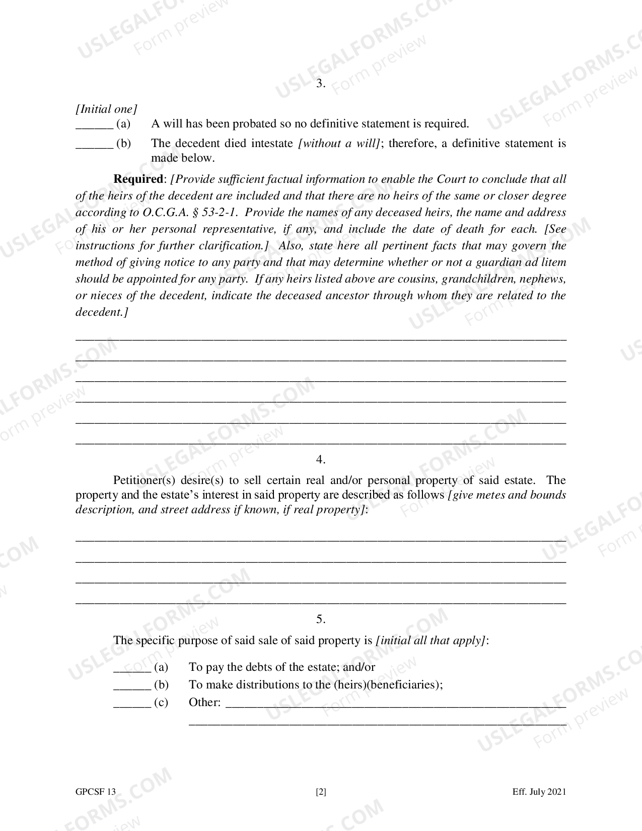 Georgia Petition of Personal Representative for Leave to Sell Property ...